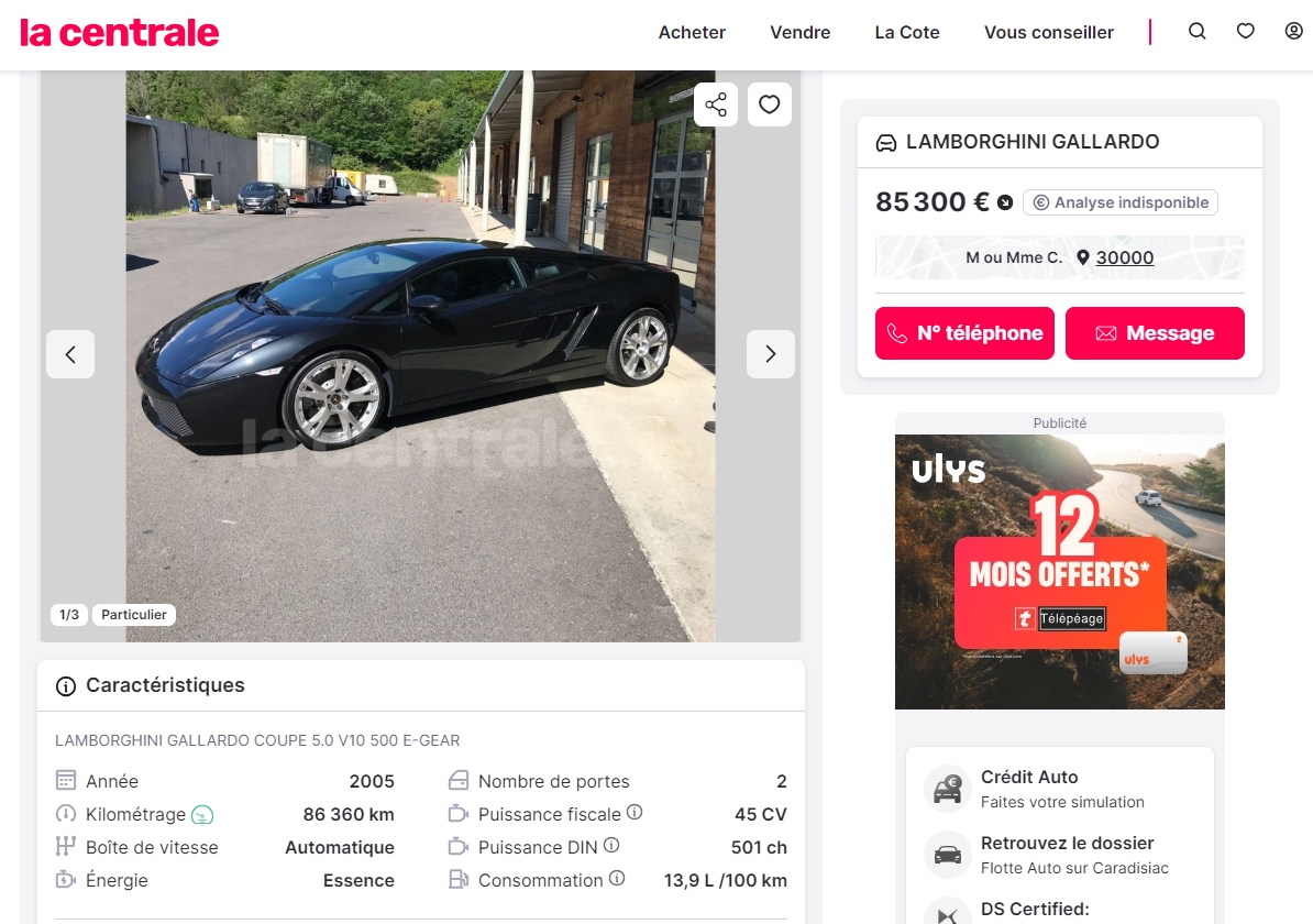 La Lamborghini la moins chère en occasion en ce moment est...